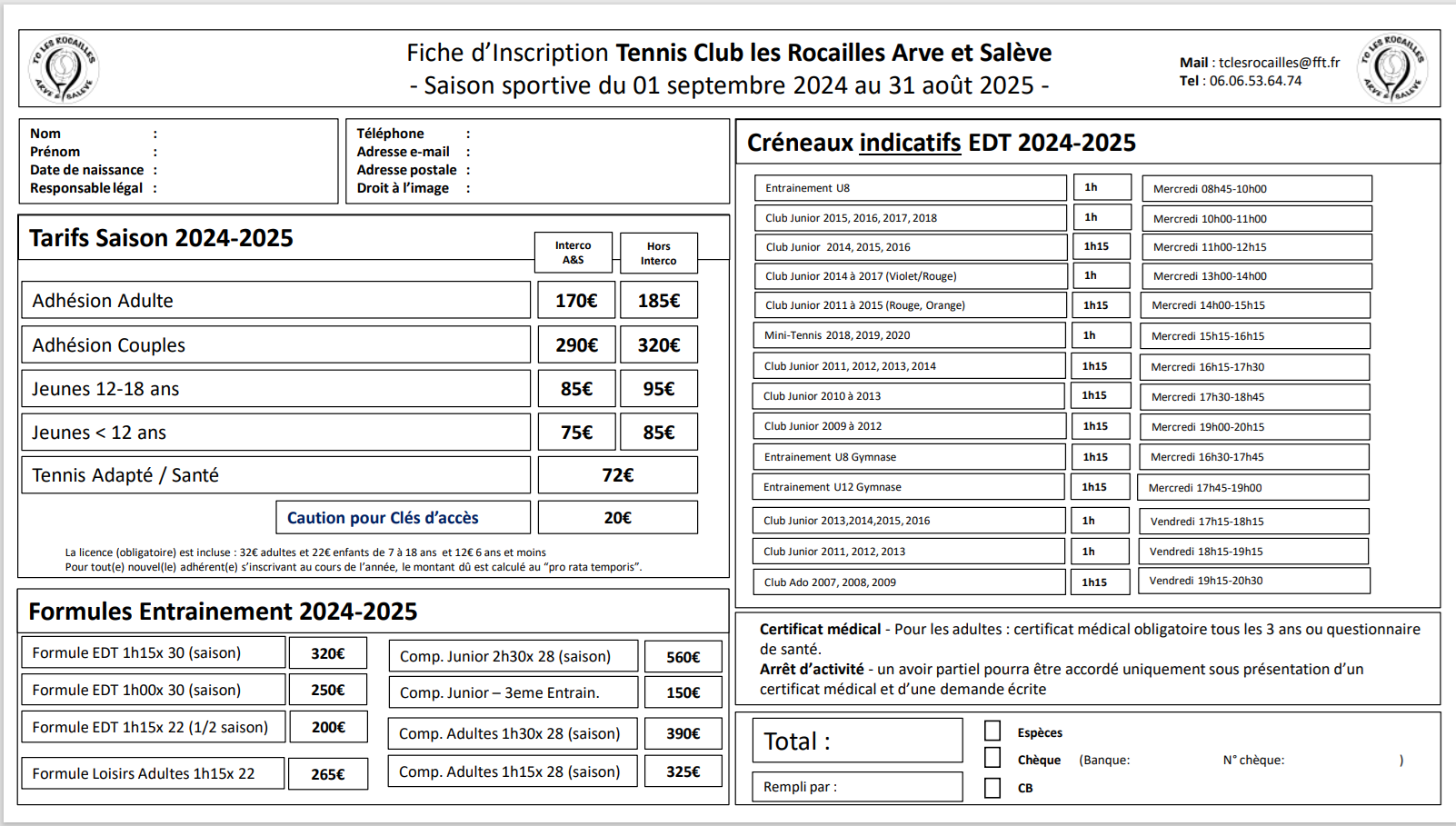 Fiche Club / Fiche d'inscription / Charte Club / Règlement Club ...